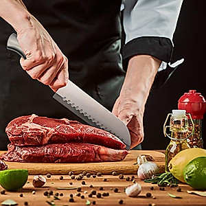 Esie Houzie Santoku Knife Set, 2 Pieces Ultra Sharp Kitchen Chef Knife 5.5-Inch 7-Inch Hollow Edge Santoku Knife, Professional Japanese Chef Knife Set for Home Kitchen, Black/Carbon Steel