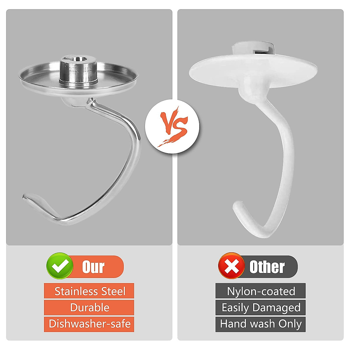 Dough Hook for Kitchen-aid Mixer Attachments 4.5-5 Quart Tilt-Head Stand Mixer K45DH Stainless Steel Dough Hook for Kitchen-aid Mixer Accessories Parts, Dishwasher Safe