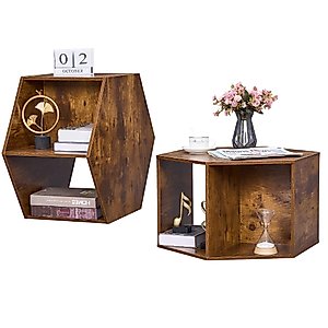BEWISHOME Hexagonal Small Coffee Table with Storage, Unique Modern Coffee Table for Living Room and Office, Brown Natural Wood Small End Tables for Small Spaces Set of 2, KlZ02Z