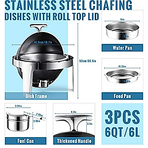 3 Pack Roll Top Chafing Dish Buffet Set 6 Quart Round Stainless Steel Chafer for Catering with Solid Stand and Fuel Holder Buffet Servers and Warmers for Party Banquets Wedding Buffets