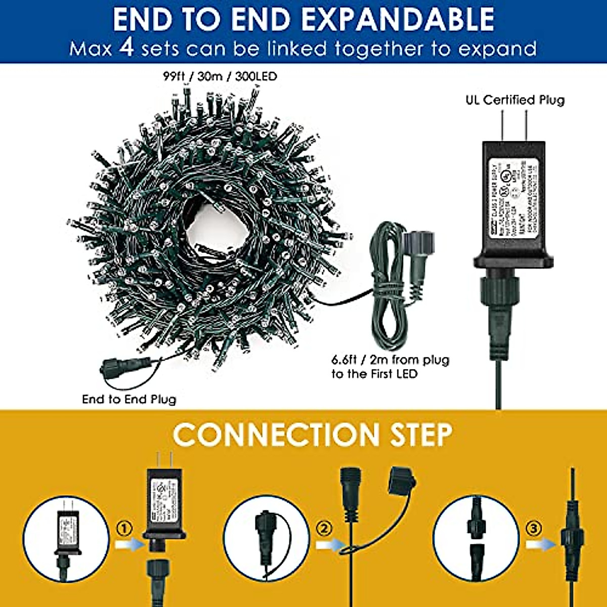 Decute 300LED Christmas String Lights Outdoor Waterproof 105FT UL Certified with End-to-End Plug 8 Modes, Warm White Indoor Starry Fairy Lights for Christmas Tree Patio Garden Wedding Party Decor