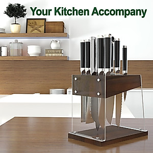 Universal Knife Block With Acrylic Shield, Acacia Wood Knife Holder without Knives for Scissors and Various Knives Suitable for Kitchen Countertops