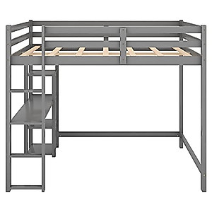 DEYOBED Full Size Wooden Loft Bed Frame with Built-in Desk Shelves for Kids Teens Adults