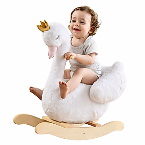 labebe - Plush Rocking Horse Wooden, Baby Riding Animal White Swan, Kid Ride On Toy for 1-3 Year Old, Girl&Boy Stuffed Rocking Animal Outdoor, Nursery/Infant/Child Christmas or Birthday Gift