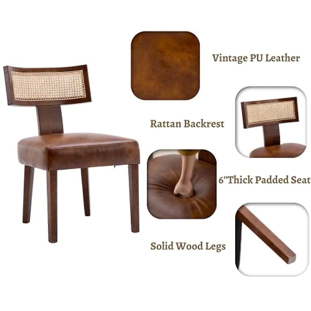 EALSON Mid Century Modern Dining Chairs Set of 2 Leather Upholstered Kitchen Chairs with Wood Legs and Curved Rattan Back Farmhouse Dining Room Chairs Rattan Accent Side Chairs, Brown