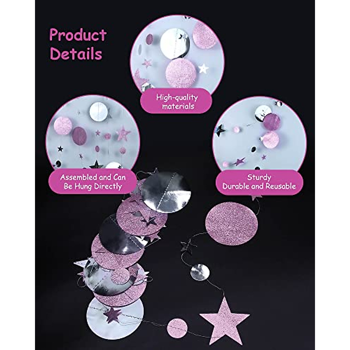 Glitter Star Circle Dot Garland, Twinkle Little Star Party Decoration Hanging Streamer Backdrop Banner, for Wedding Baby Shower Christmas Birthday Party Decor Supplies, 3 String Totle 39 Feet (Pink)