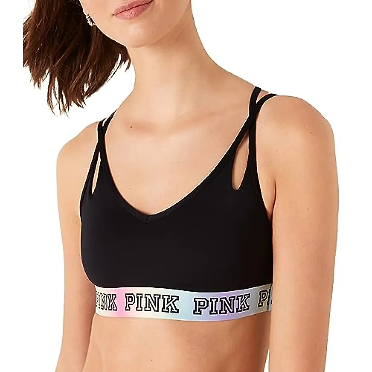 Victoria's Secret Pink Ultimate Strappy Sports Bra, Low Impact Bras for Women, Multi Black, (XL)
