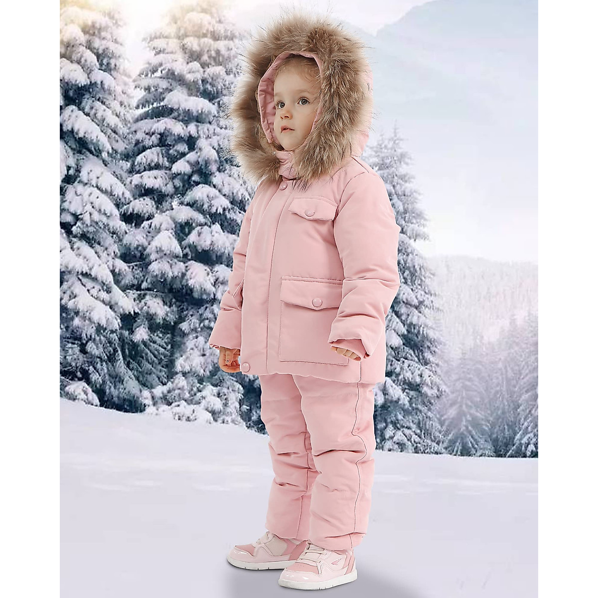 Toddler Girl Snowsuit 2Pcs Kids Down Jacket Winter Hooded Coat +Snow Bib Pants Kids Windproof Skiing Suit (3T/4T,Pink)