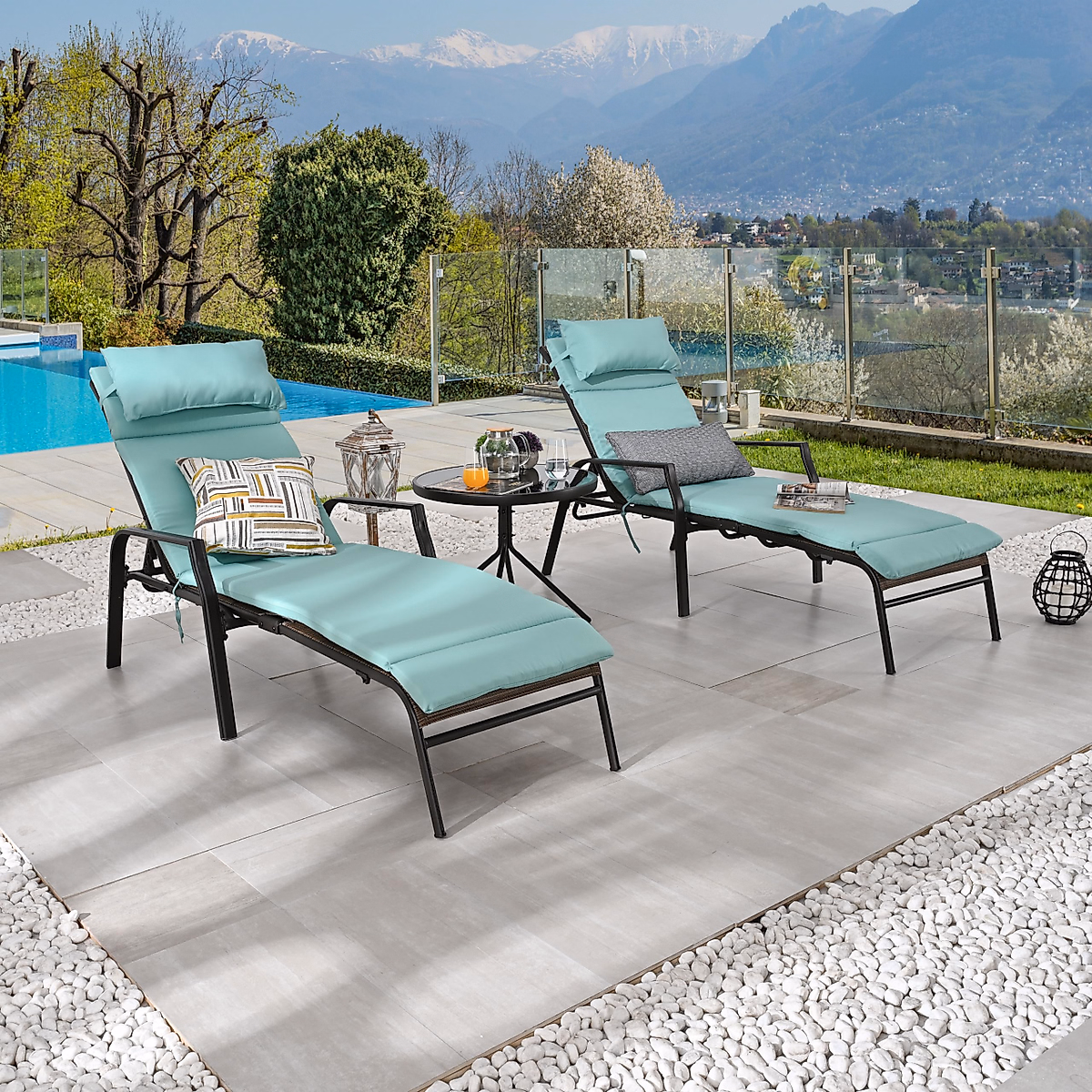 LOKATSE HOME 3 Pieces Outdoor Patio Chaise Lounge Set 2 Adjustable Chairs and 1 Bistro Table with Removable Cushions, Light Blue