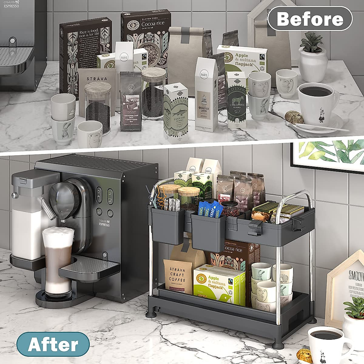 Luyata 2 Pack Under Sink Organizer, 2-Tier Pull Out Under Sink Cabinet Organizer, Sliding Drawer Basket Storage Organizer Shelf for Kitchen Bathroom, with Hooks, Hanging Cup, Dividers, Black