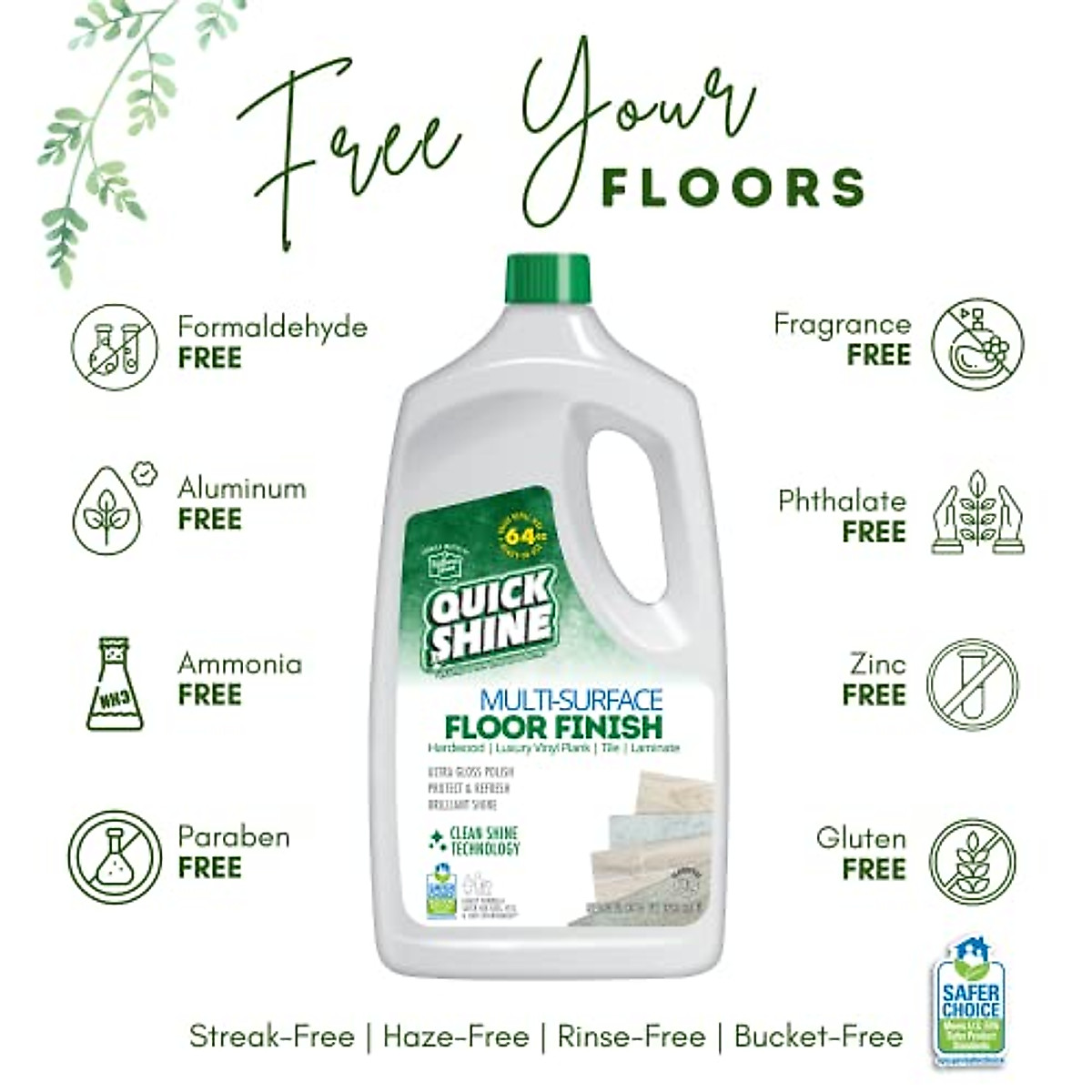 Quick Shine Multi Surface Floor Finish 64oz, 4Pk | Cleaner & Polish to use on Hardwood, Laminate, Luxury Vinyl Plank LVT, Tile & Stone & Hard Surface Floor Mop Refill Pad 12" Wx6 Dx1/2 H