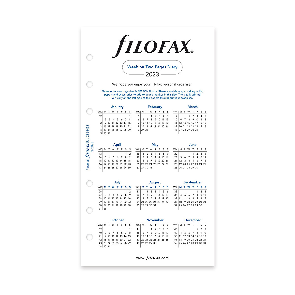Filofax Refill, Personal/Compact Size, Week-to-View, White Paper, Ruled, English, 2023 (C68418-23) (68418-2018)