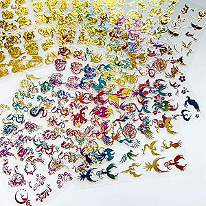 NAIL ANGEL 12Sheets Nail Art Adhesive Sticker Sheets Gold and Rainbow Color Dragon Peacock Phoenix Shapes Nail Art Decoration 10257