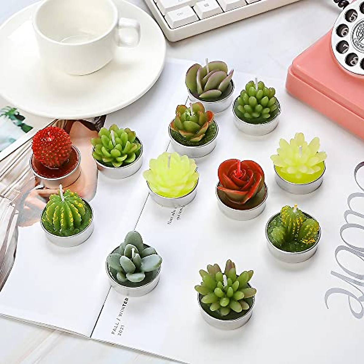 LJQizn 12pcs Cactus Tealight Candles Handmade Delicate Succulent Cactus Candles Tea Lights Perfect for Birthday Party Wedding Spa Home Decor Gifts (12pcs Cactus Candles)