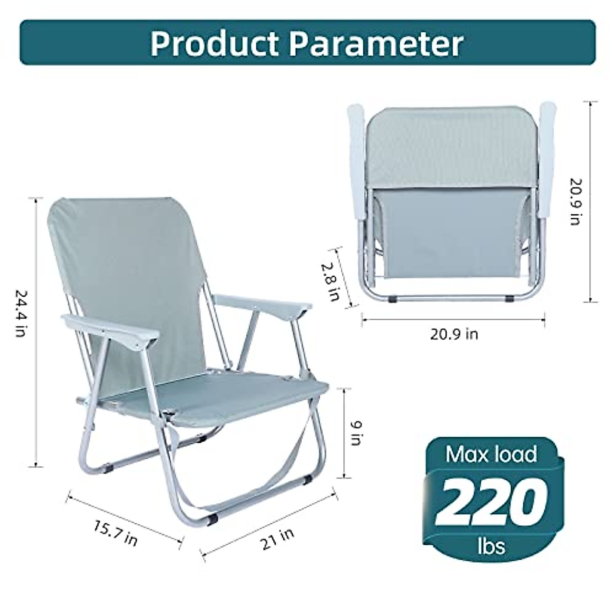 YSSOA Folding Beach Adults, Portable Heavy-Duty Chairs Made of High Strength 600D Oxford Fabric and Steel Frame for Outdoors, Camping, Picnic, BBQ, 1-Pack, Grey