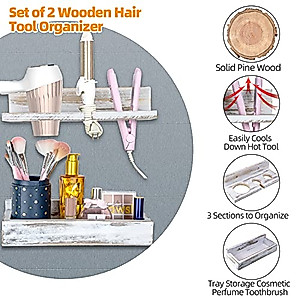 Hair Tool Organizer Wall Mounted - Wooden Hair Dryer Holder, Rustic Blow Dryer Holder for Curling Iron, Hot Tools, Hair Straighteners, Set of 2 Bathroom Vanity Tray for Makeup,Toiletries, White