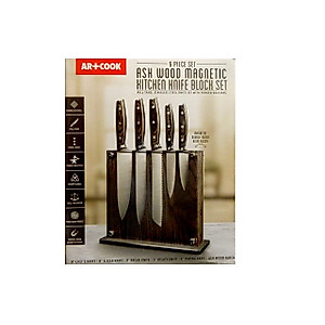 Art and Cook Stainless Steel 5 Piece Knife Set with 1 Magnetic Block: 8" Chef's Knife, 8" Slicer Knife, 8" Bread Knife, 5" Utility Knife, 3.5" Paring Knife, 1 Ash Wood Block