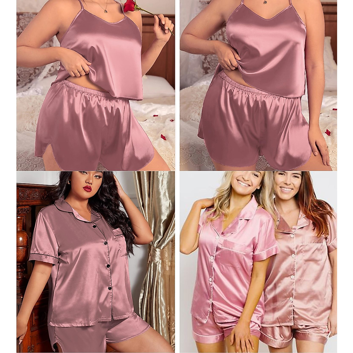 SWOMOG Women Plus Size Pajama Set 4pcs Silk Satin Sleepwear Button Down Pjs Cami Shorts Set Loose Loungewear 16W-26W Misty Rose