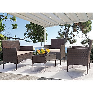 Flamaker Outdoor Furniture Patio Set Cushioned PE Wicker Rattan Chairs with Coffee Table 4 PCS for Garden Poolside Porch Backyard Lawn Balcony Use (Brown&Beige)