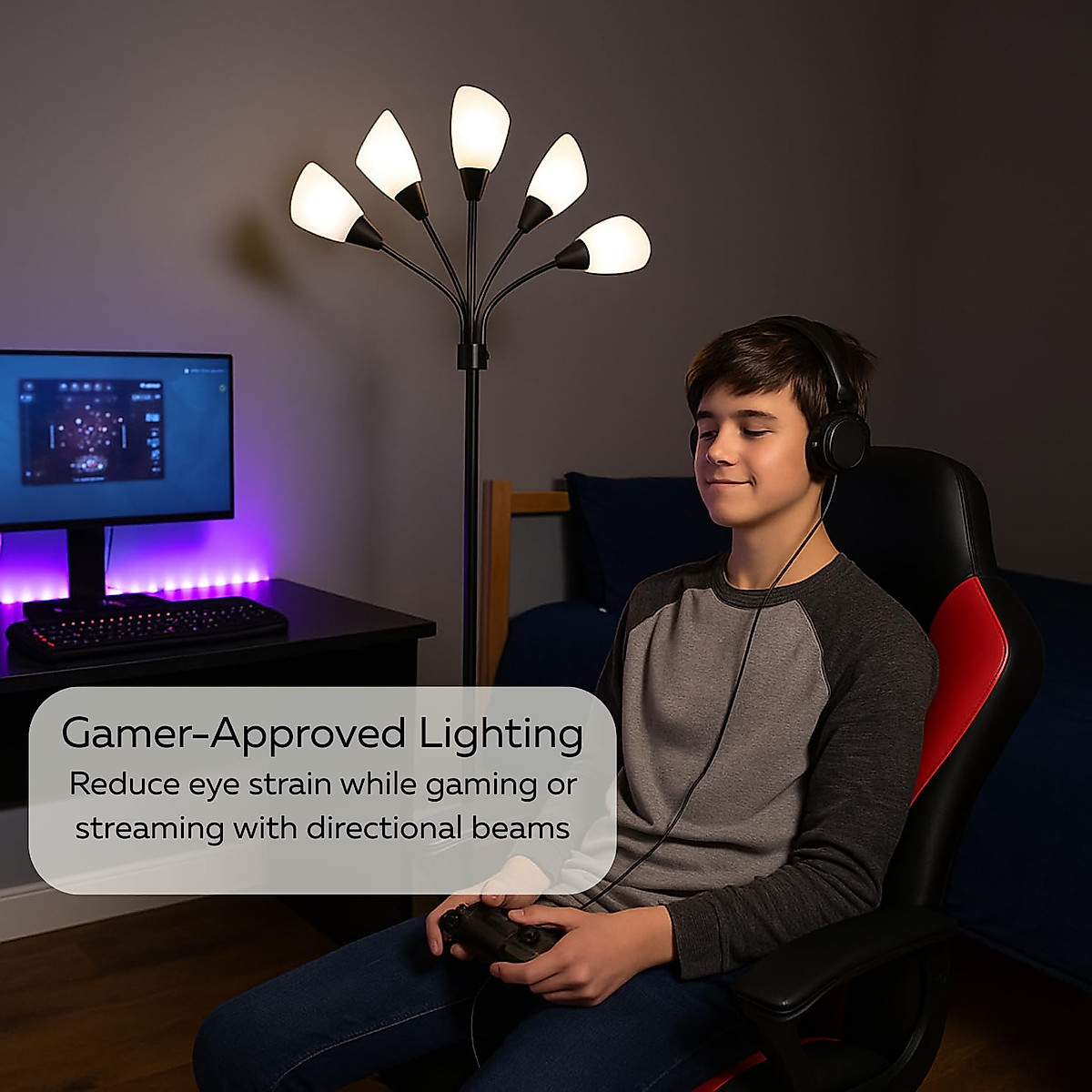 LIGHTACCENTS Modern Multi Head Floor Lamp - Medusa 5 Light Standing Lamp Tall Bedroom Lamp with 5 Positionable Bright Acrylic White Shades with 3-Light Mode Switch(Silver)