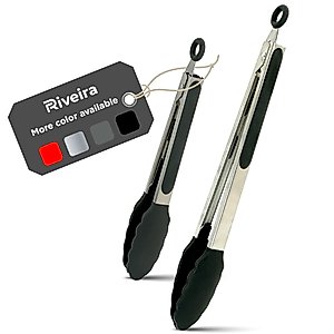 Riveira Tongs for Cooking with Silicone Tips | 9 and 12-Inch Pieces Set | Non-Stick Kitchen Grill Tongs | BBQ Grilling Tong | 550°F High Heat-Resistant Premium Silicone Tips | 304 Stainless Steel