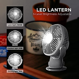 Camping Fan with LED Light - Battery Operated Fan Rechargeable Tent Personal Mini Fan with Hanging Hook, Portable Clip On Fan, Ceiling Fan for Travel Tent Golf Cart RV Stroller Bed (White)