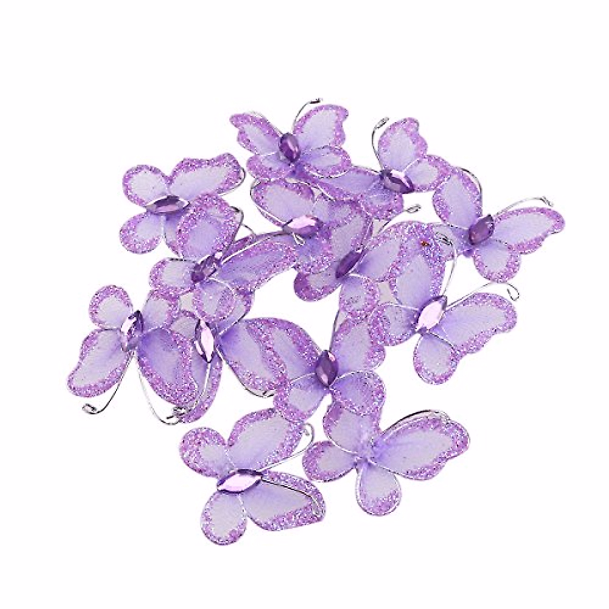 WINOMO Organza Butterflies, 50Pcs Sheer Mesh Wire Glitter Wedding Decorative Butterflies Decors Craft Sheer Mesh Wire Glitter Butterfly with Gem (Purple)