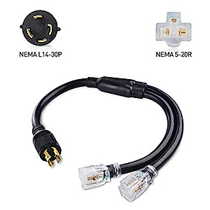 Cable Matters LED-Lit 4 Prong 30 Amp to 15 Amp Adapter for Generator (30 AMP to 110 Adapter Splitter) 30 Inches - NEMA L14-30P to 2X 5-20R