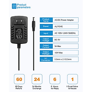 ALITOVE 5V 3A 15W AC 100V~240V to DC Power Supply Adapter Converter 5.5X 2.5mm 5.5x2.1mm Plug for WS2812B WS2811 WS2801 SK6812 LED Pixel Strip Light CCTV Camera Security System