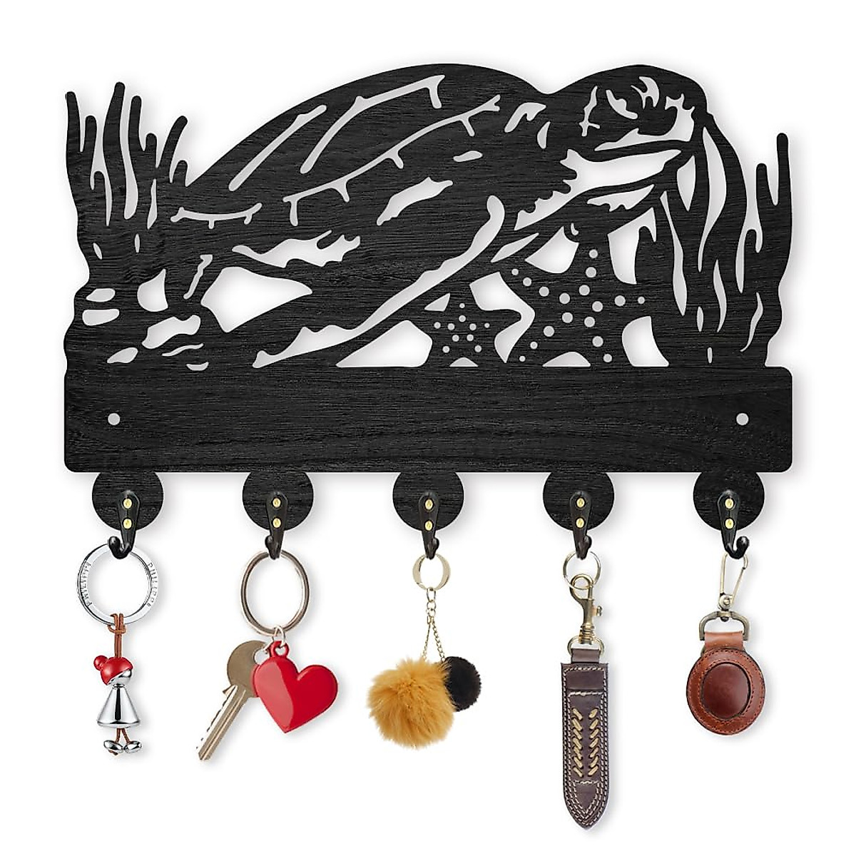 INFUNLY Ocean Theme Key Holder with 5 Key Hooks Black Wall Mounted Key Hangers Turtle Key Hangers Wood Key Rack for Home Decor Hallway, Entryway, Bedroom, Mudroom, Office 11.8inchx7.6inch