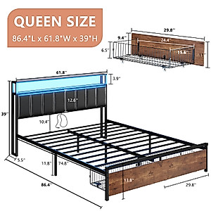 amerlife LED Bed Frame with Drawers, Queen Platform Bed Frame with 2-Tier Storage & Leather Upholstered & Charging Station Headboard, No Box Spring Needed, Easy Assembly, Noise Free, Rustic Brown
