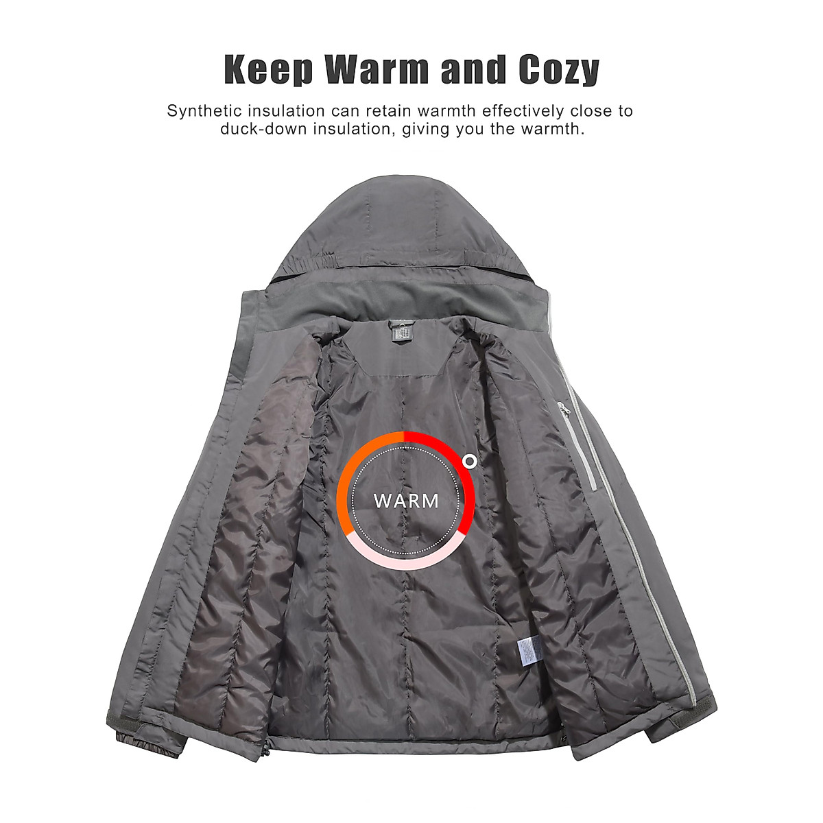 Little Donkey Andy Men's Lightweight Winter Jacket Hooded Windproof Warm Insulated Jacket for Ski Hiking (Grey XL)