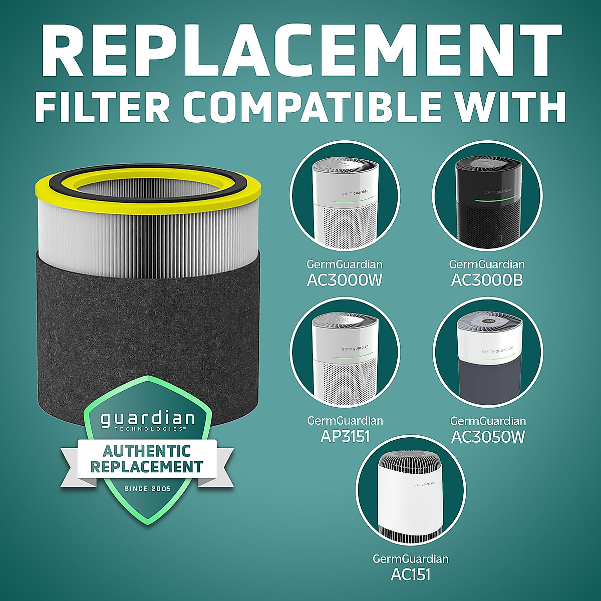 GermGuardian Filter V HEPA Pure Genuine Air Purifier Replacement Filter, Removes 99.97% of Pollutants for Models AC3000W, AC3000B, AC3050, AP3151 and AC151, Black/Yellow, FLT151