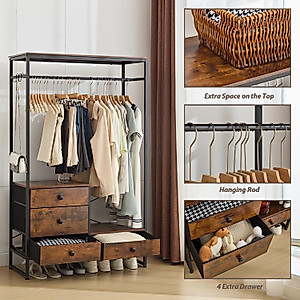 YIGOBUY Heavy Duty Garment Rack with Drawers Clothes Rack for Hanging Clothes, Industrial Clothing Racks with Shelves, 4 Fabric Drawer, Freestanding Closet Organizer, Rustic Brown