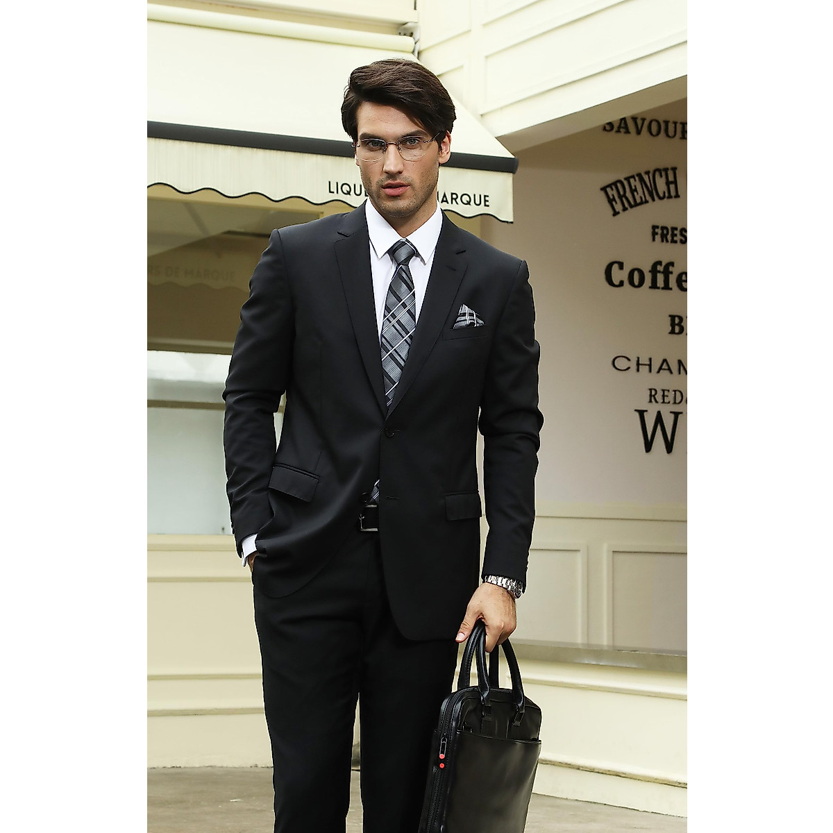 HISDERN Stripe Ties for Men Set Gray and Black Men's Ties Handkerchief Cufflinks Classic Formal Silk Necktie Wedding Business