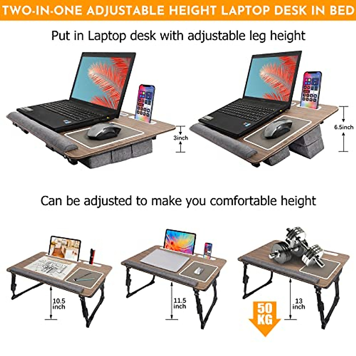 Lap Laptop Desk-Fits Up to 17.3 Inch Foldable Laptop Bed Tray Table with Adjustable Dual Cushion,Portable Wood Laptop Stand for Sofa Bed,Laptop Desk with Multifunctional Slot（Coffee Color）
