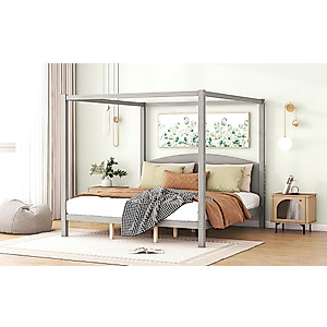 King Size Canopy Bed Frame with Headboard and Support Legs, King Canopy Bed King Size Canopy Bed Frame, Solid Wood King Bed Frame, 4-Post Canopy Bed Frame, No Box Spring Needed, Grey Wash