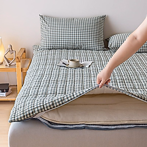 Mattress Topper Queen for Pressure Relief, Cotton Thick Futon Mattress Cover Sleeping Pad Bed Mattress Topper, Hotel Quality, Plush and Support, 4 Anchor Elastic Bands ( Color : Green check1 , Size :