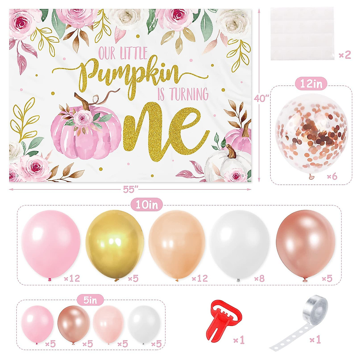 Vansolinne Pink Pumpkin First Birthday Decorations for Girls Our Little Pumpkin is Turning One Backdrop Banner and Balloon Garland Arch Kit 1st Birthday Party Supplies Background Photoshoot Props