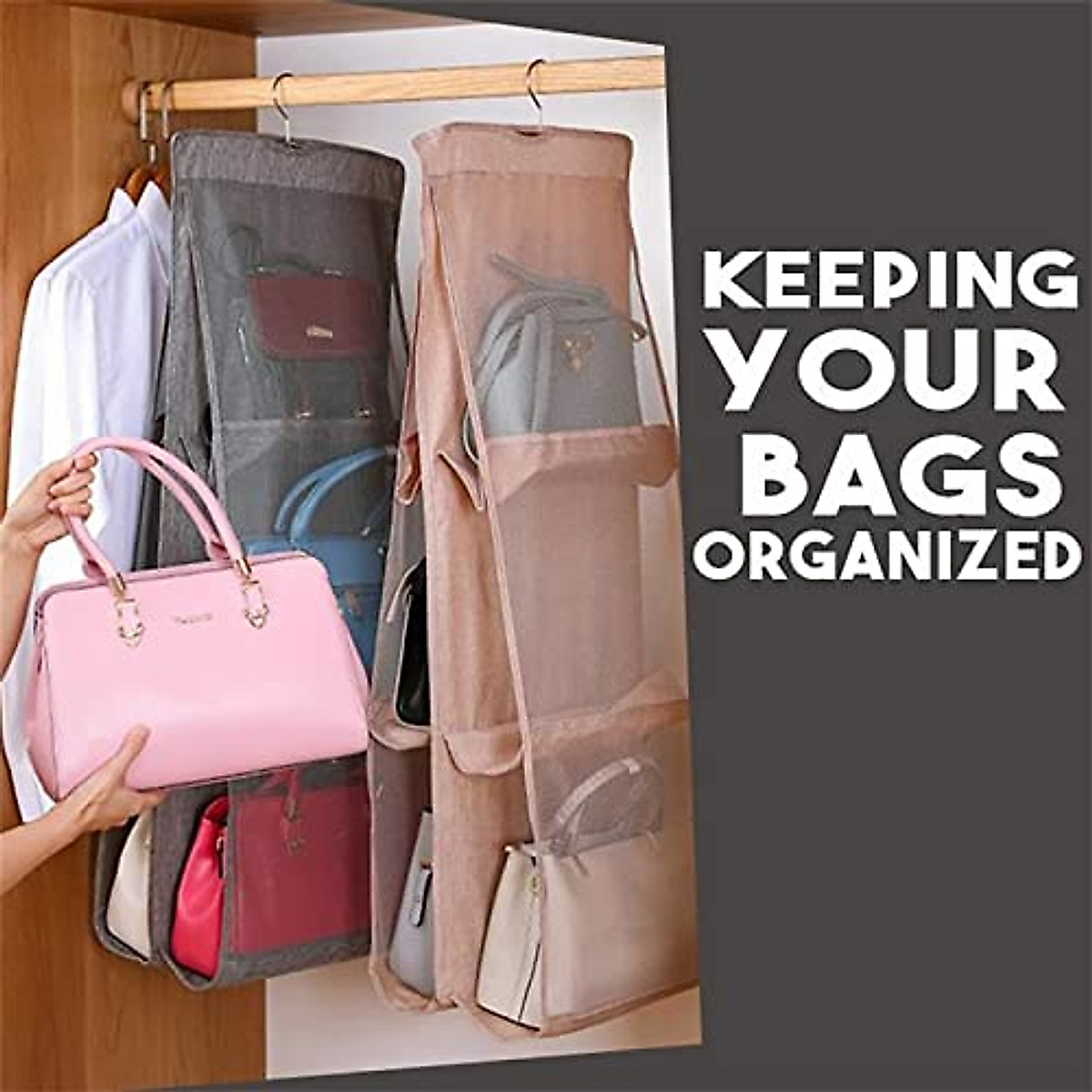 3 Layers Storage Bag for 6 Pockets Hanging Purse Handbag Organizer Clear Hanging Shelf Bag, Hanging Wardrobe Closet, Space Saving Organizers, Gift for Family (Black)
