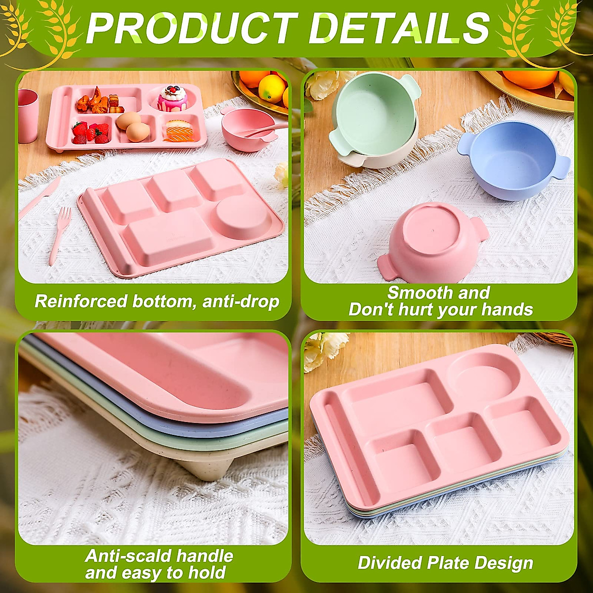 Bokon 24 Pcs Divided Plate for Kid Adult Wheat Straw Lunch cutlery Set Toddler Dinnerware Microwave Safe Picnic School(Mixed Color)