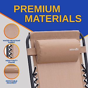 SereneLife Zero Gravity Chairs Set of 2 - Adjustable Steel Mesh Lawn Chairs - Outdoor Lounge Chairs with Detachable Cup Holder Tray - Foldable Outdoor Chair with Removable Pillows - Cream