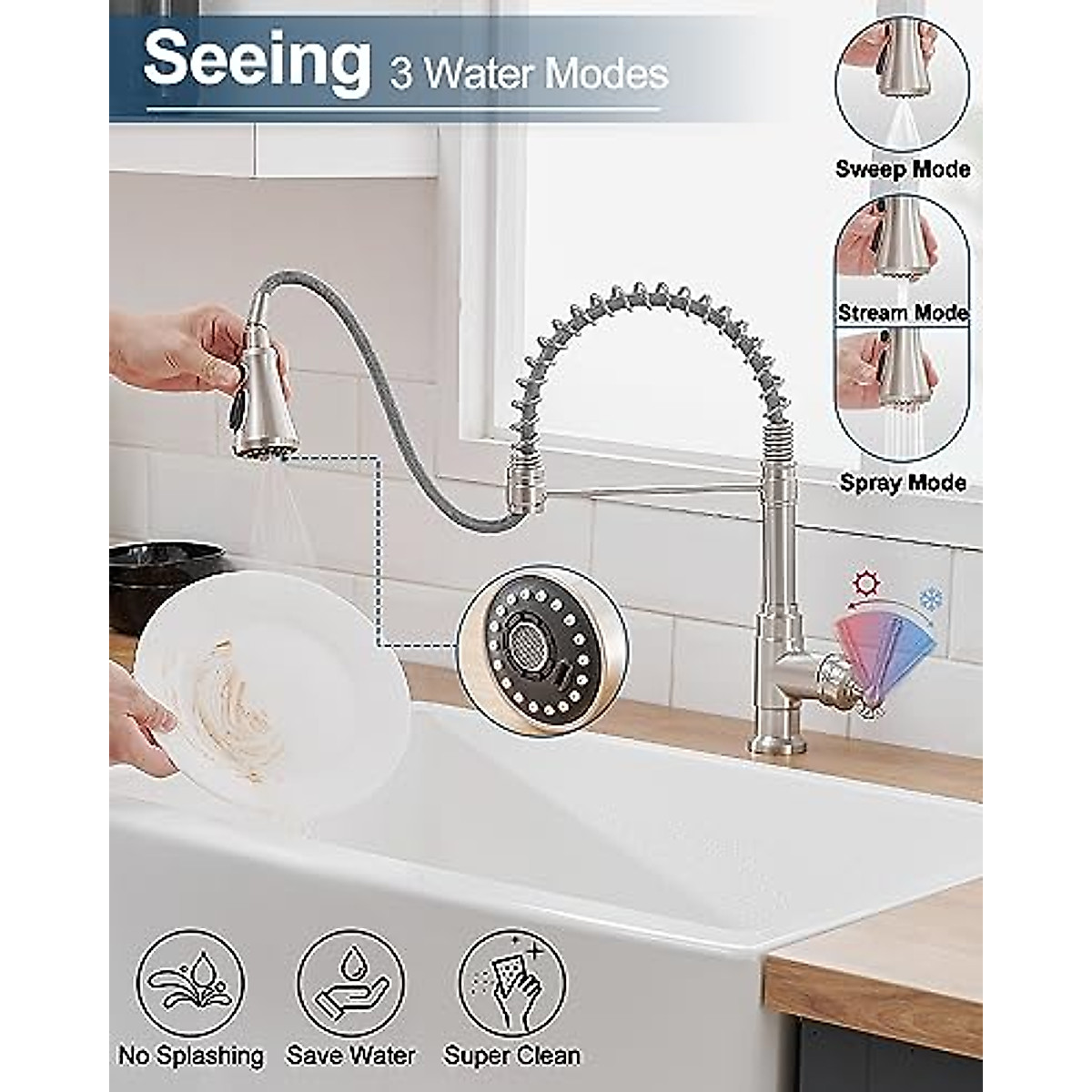 HOIGY Brushed Nickel Pull Down Kitchen Faucet and Bathroom Sink Faucet Set, 3-Function Pull-Out Kitchen Faucets with Deck Plate, 3 Hole Widespread Bathroom Sink Faucet with Pop-up Drain