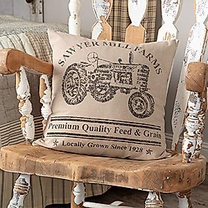 VHC Brands Sawyer Mill Graphic/Print Chambray Cotton Farmhouse Stenciled Square Pillow 18x18 Filled Bedding Accessory, Tractor Charcoal