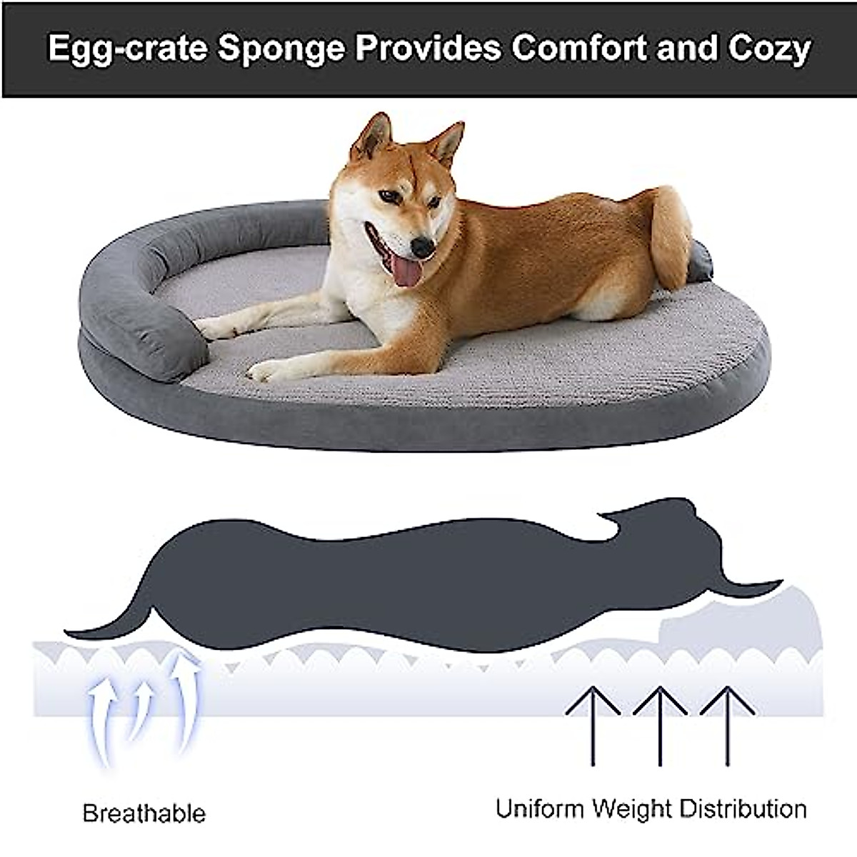 Jiupety Medium Dog Bed with Egg-Crate Foam, Waterproof Dog Bed with Half Oval Pillow, Easy to Enter and Exit, Excellent Cloth, High-gain Egg-Crate Sponge, Luxury, Waterproof, Soft and Comfy (Grey)