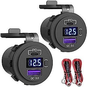 2 Pack USB C Car Charger Socket, Qidoe 12V USB Outlet PD3.0 20W USB C and 18W QC3.0 Car USB Port with LED Voltmeter and ON/Off Switch Fast Car USB Outlet for Car Boat Marine RV Truck Golf Motorcycle