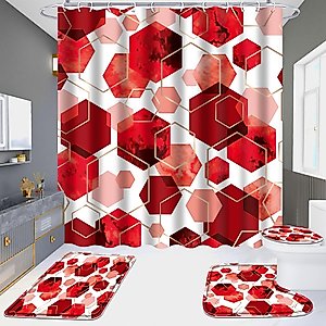 YOKYHOM Bathroom Sets, 4 Piece Geometric Red Bathroom Shower Curtain Sets with Rugs, Incl 71'' x 71'' Polyester Waterproof Shower Curtain with 12 Hooks, Non Slip Bath Mats and Toilet Lid Oval Rug