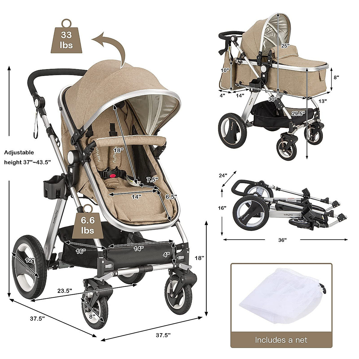 BABY JOY Baby Stroller, 2-in-1 Convertible Bassinet Reclining Stroller, Foldable Pram Carriage with 5-Point Harness, Including Cup Holder, Foot Cover, Diaper Bag, Aluminum Structure, Khaki