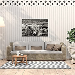 iKNOW FOTO Black and White Canvas Wall Art Highland Cow Cattle Picture Prints Texas Longhorn Painting Farm Animal Artwork for Home Decor Modern Living Room Bedroom Decorations Ready to Hang 32x48inch