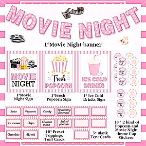 K KUMEED Movie Night Party Decorations-Pink Movie Night Banner Cute Popcorn Sign Ice Cold Drink Toppings Tent Cards Movie Night Stickers for Movie Theme Party Summer Ice Bar Film Party Supplies